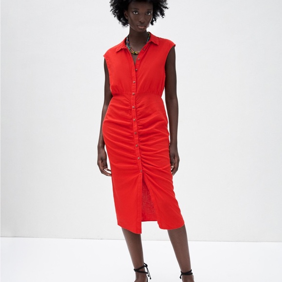Zara | Dresses | Zara Red Buttoned Linen Dress | Poshmark